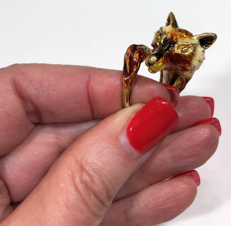 Fox Motif Gold and Enamel Ring For Sale at 1stDibs