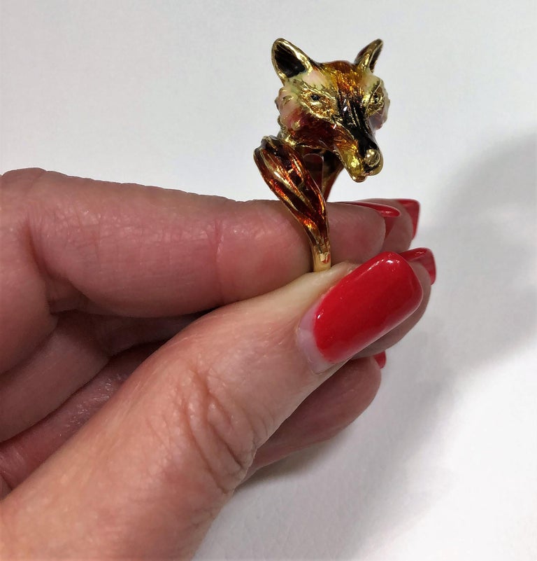Fox Motif Gold and Enamel Ring For Sale at 1stDibs