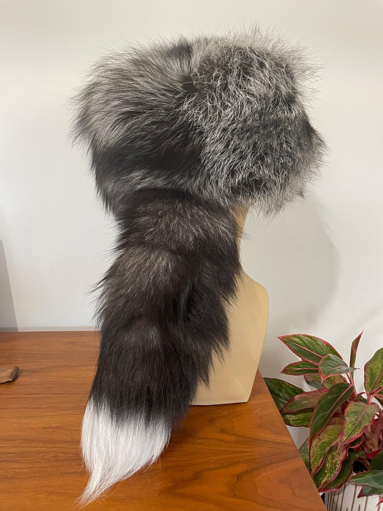 Fox Silver tipped Trapper Hat with Tail For Sale at 1stDibs