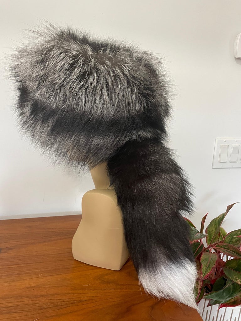 Fox Silver tipped Trapper Hat with Tail For Sale at 1stDibs