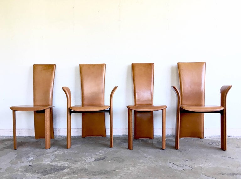 Frag, Set of Four Cognac Colored Leather Dining Chairs, circa 1980s at ...