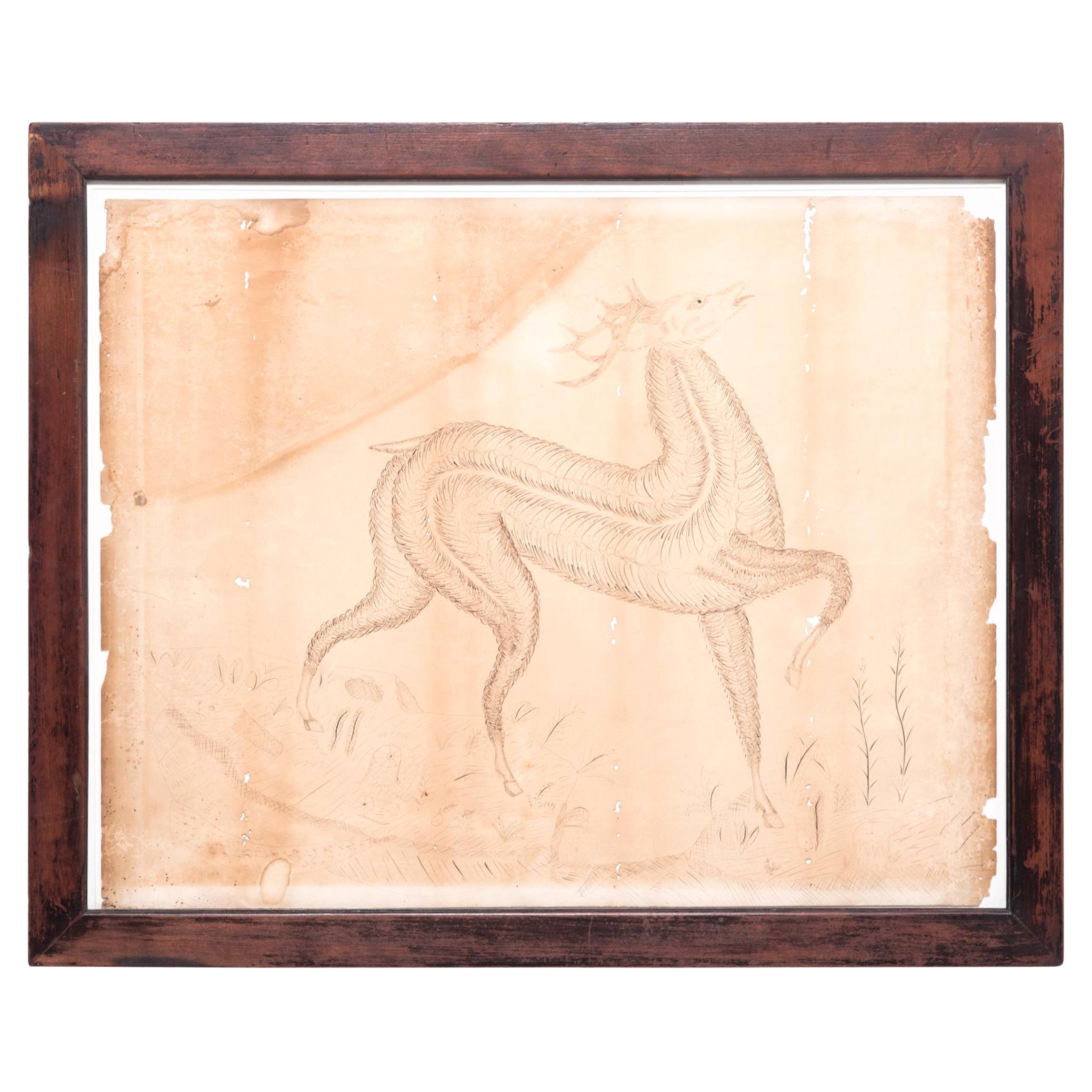 "Fraktur Deer Sketch" by James C. Baker, Dated 1886 at 1stDibs