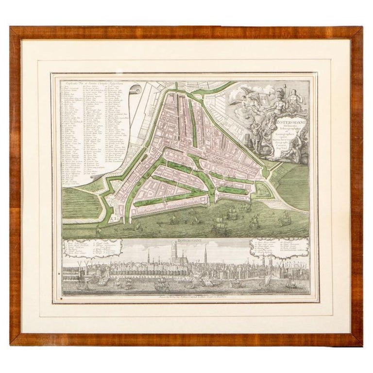 Framed 1731 Color Engraving, Map of Rotterdam by Matthaus Seutter ...