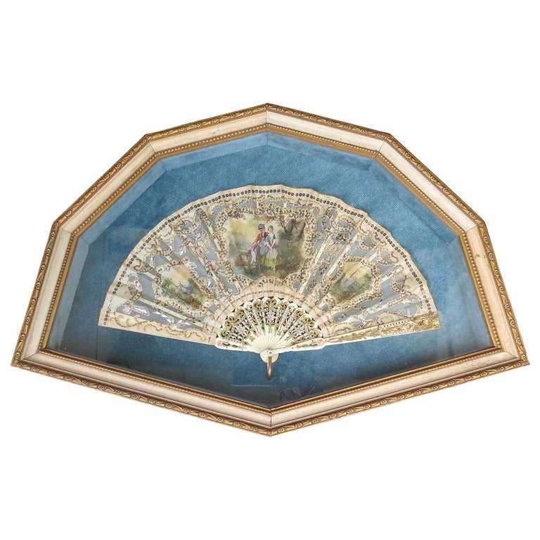 Framed 18th-19th Century French Hand Painted Fan with Mother of Pearl ...