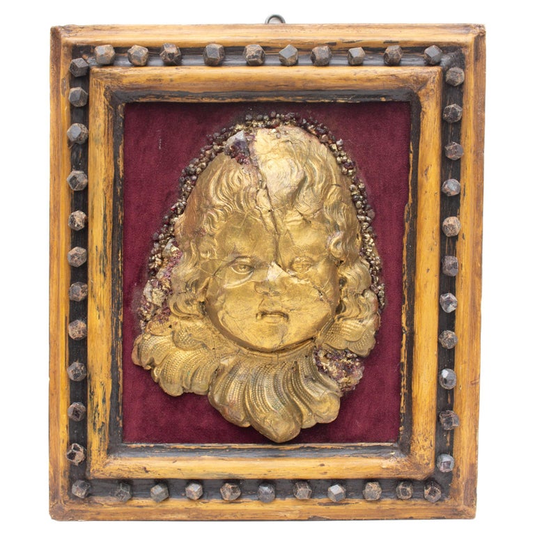 Framed 18th Century Italian Gold Leaf Angel Head Wall Relief Sculpture ...