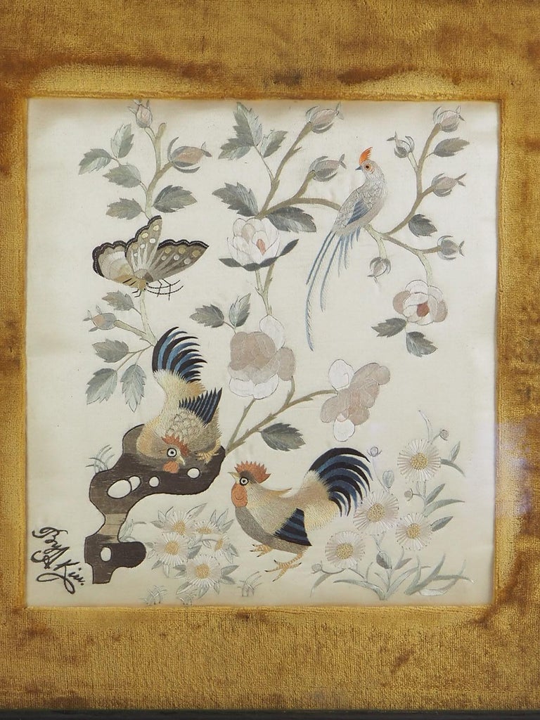 Framed 19th Century Chinese Silk Birds Embroidery For Sale at 1stDibs