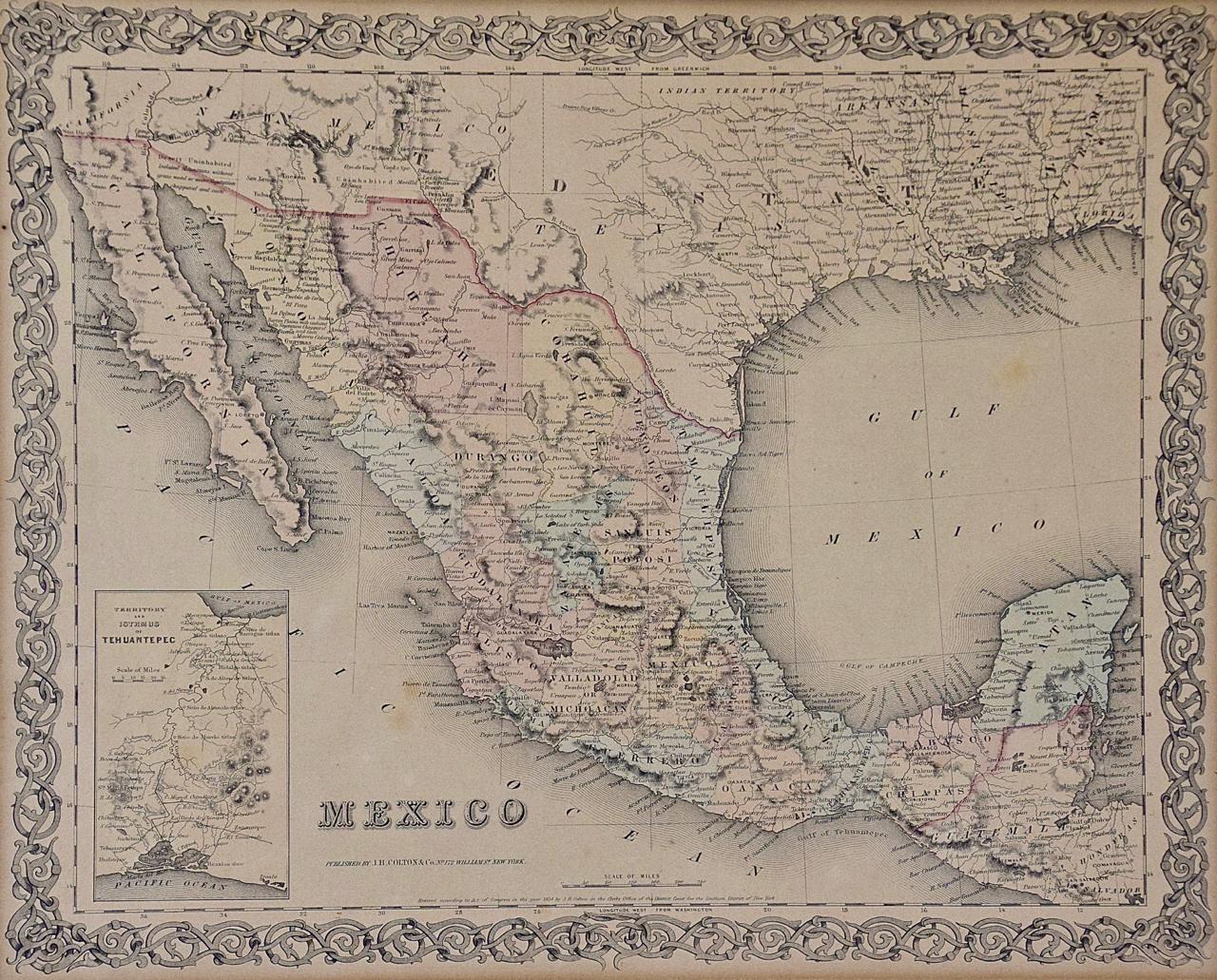 Framed 19th Century Colton Map of Mexico, Texas, California and US ...