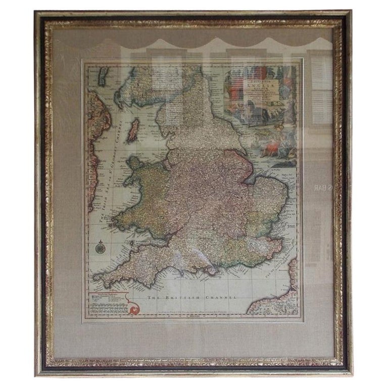 Framed Britannia Map Hand Tinted and Colored, Signed Matthaus Seutter ...