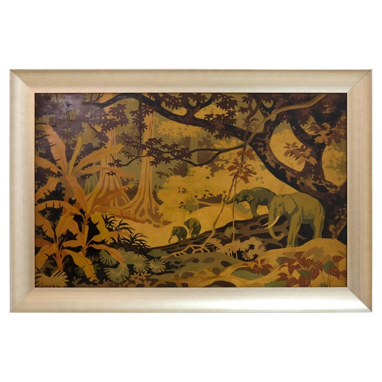 Framed French Art Deco Panel showing a Scene with Elephants in a Jungle ...