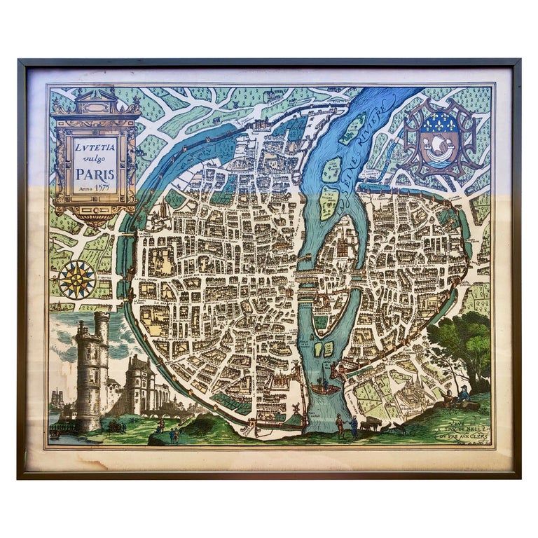 Framed French Color Engraving of a 1575 Ancient Map of Paris For Sale ...