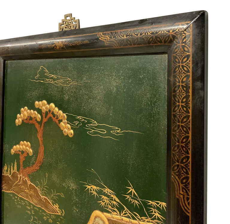Framed Green Lacquered Chinese Panel For Sale at 1stDibs