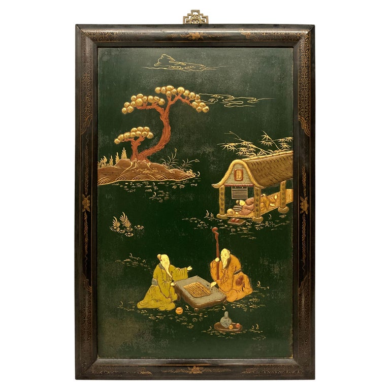 Framed Green Lacquered Chinese Panel For Sale at 1stDibs