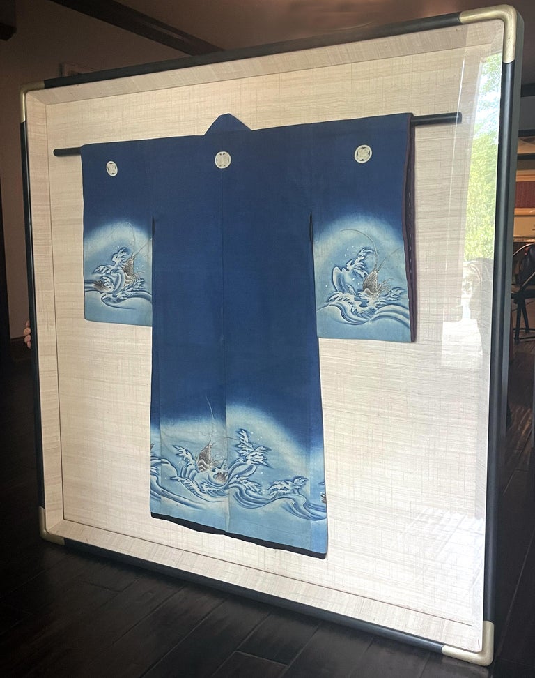Framed Japanese Fisherman Festival Kimono with Shibori and Mon Design ...