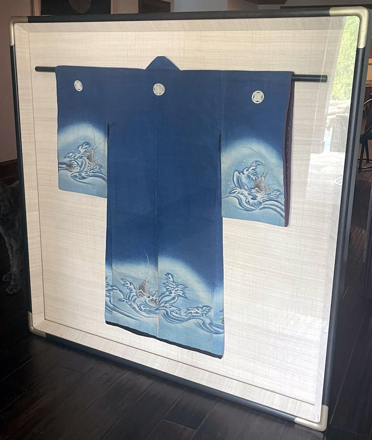Framed Japanese Fisherman Festival Kimono with Shibori and Mon Design ...