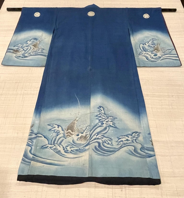 Framed Japanese Fisherman Festival Kimono with Shibori and Mon Design ...