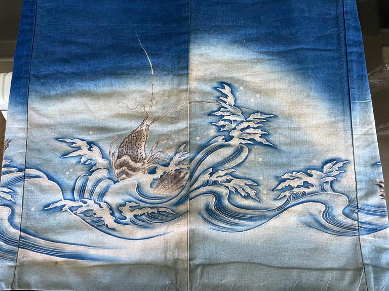 Framed Japanese Fisherman Festival Kimono with Shibori and Mon Design ...