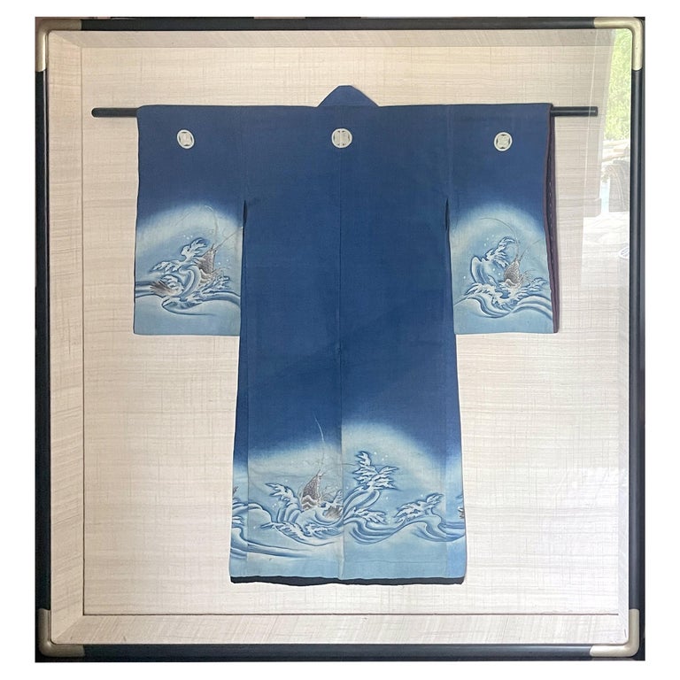 Framed Japanese Fisherman Festival Kimono with Shibori and Mon Design ...