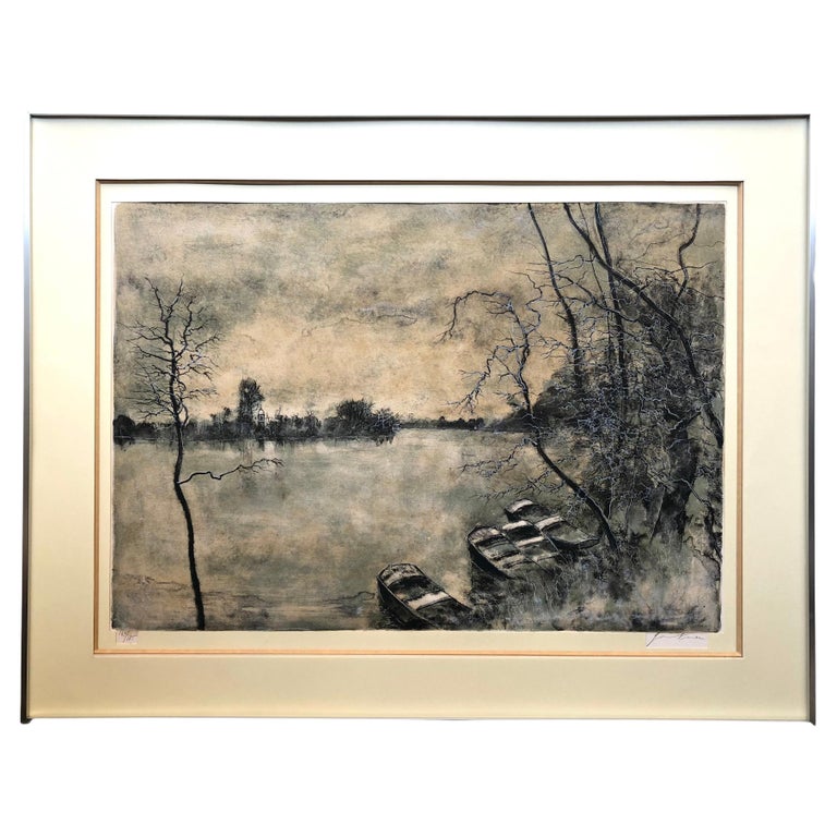 Framed Lithograph Landscape with View of the Lake and Boats Signed For ...