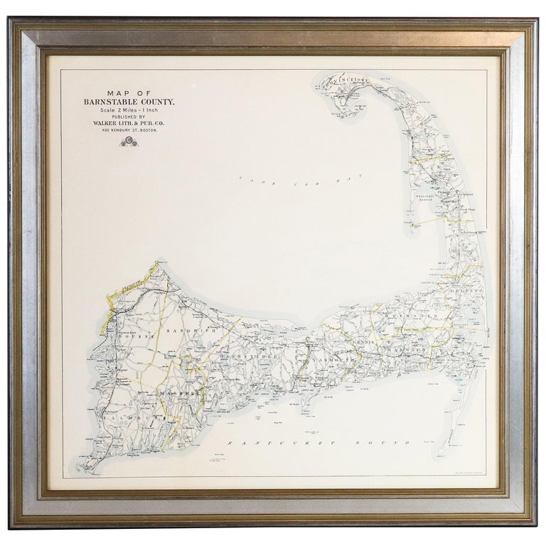 Framed Map of Cape Cod, Massachusetts at 1stDibs | framed map of cape cod