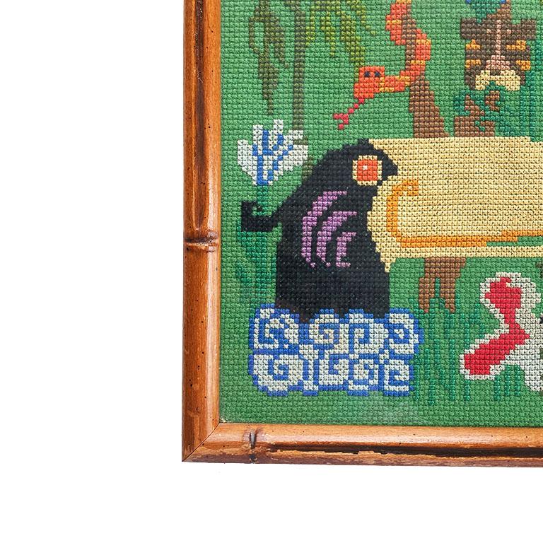 Framed Needlepoint of Jungle and Tucan Bird in Faux Bamboo Frame in ...