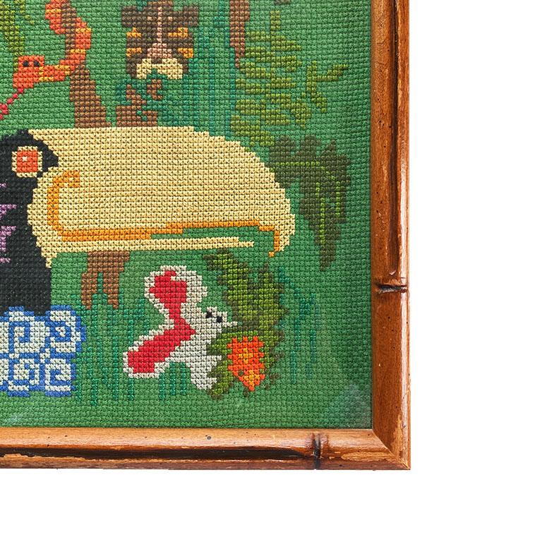 Framed Needlepoint of Jungle and Tucan Bird in Faux Bamboo Frame in ...