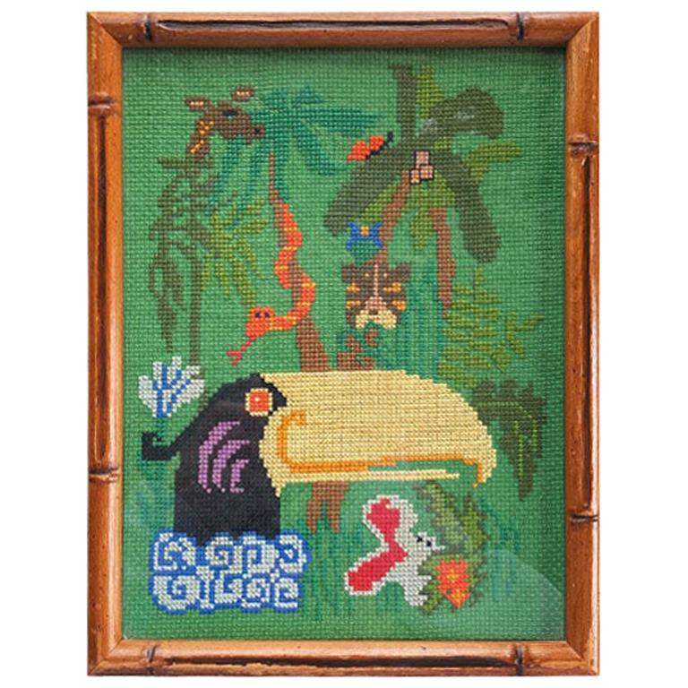 Framed Needlepoint of Jungle and Tucan Bird in Faux Bamboo Frame in ...