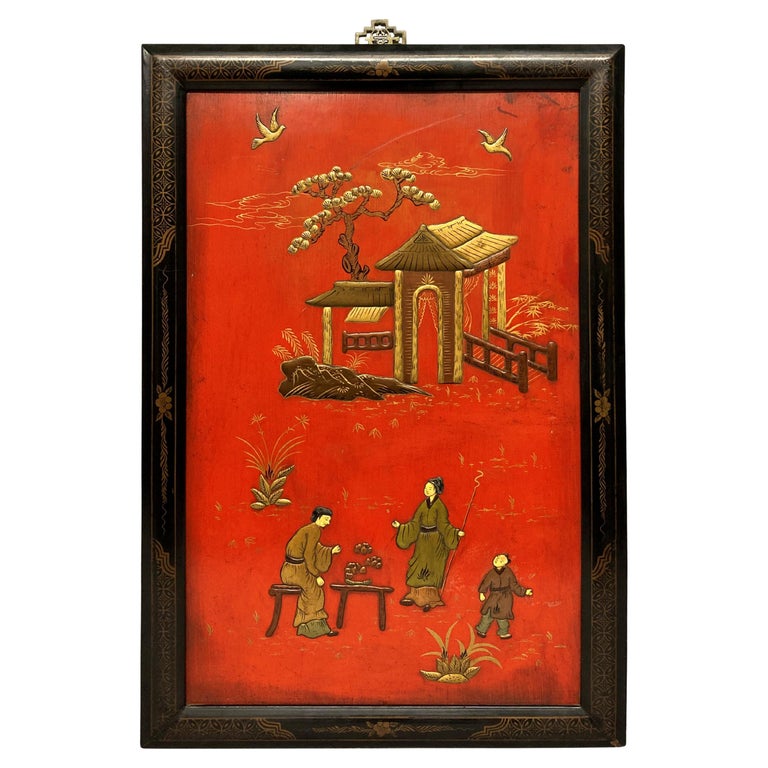 Framed Scarlet Lacquered Chinese Panel For Sale at 1stDibs