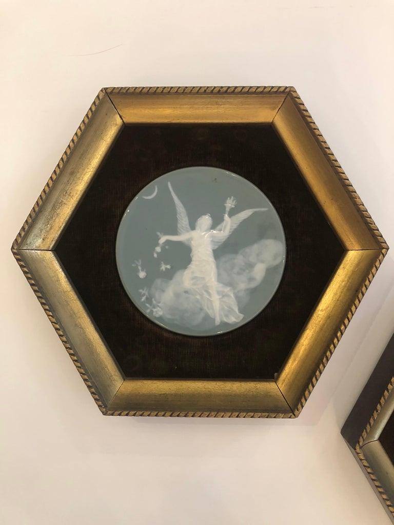 Framed Set of 5 Pastel Blue and White Medallions in Pate Sur Pate Style ...