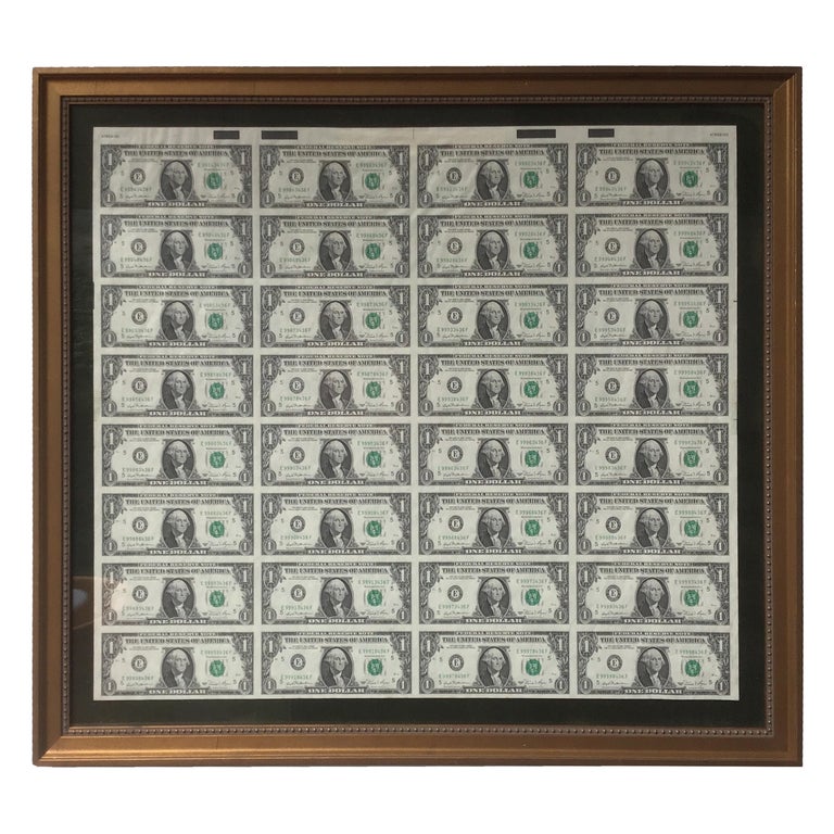 Framed Sheet of Uncirculated 1981 Dollar Bills at 1stDibs