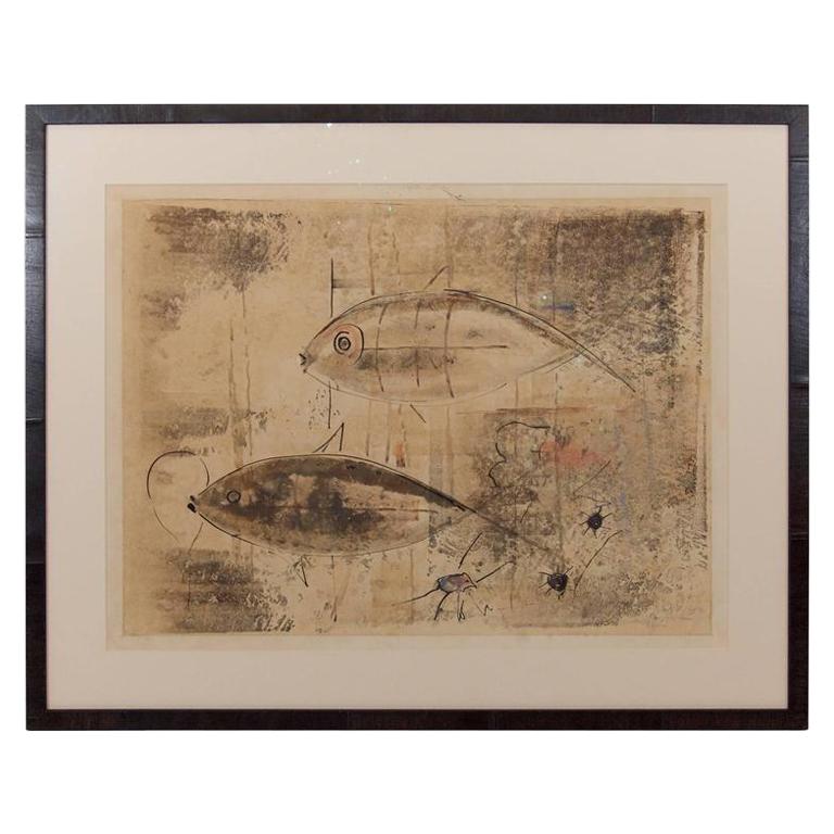 Framed Stone Lithograph of Fish at 1stDibs