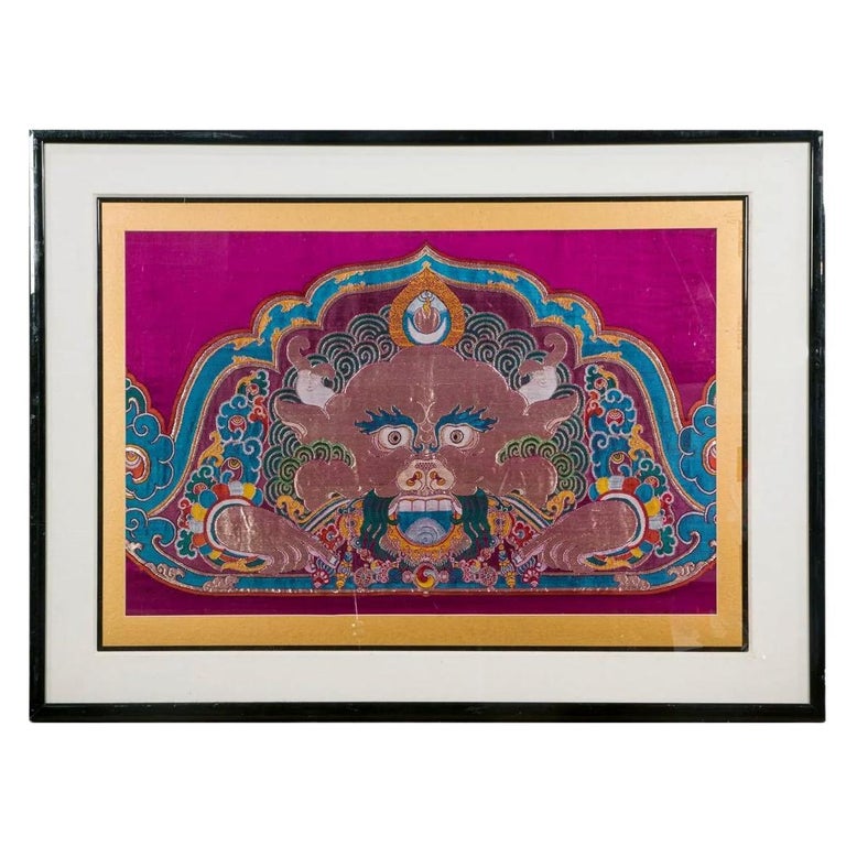 Framed Tibetan Woven Silk Kesi Panel of Kirtimukha For Sale at 1stDibs