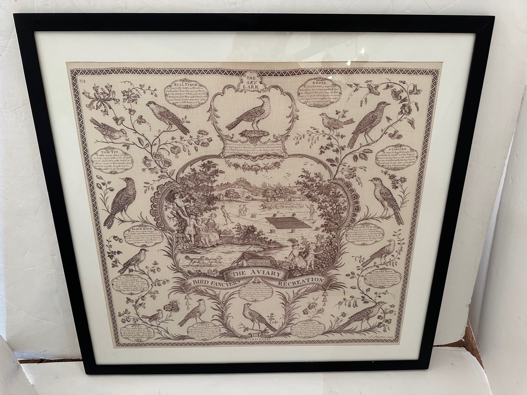 Framed Vintage Linen Aviary Print For Sale at 1stDibs