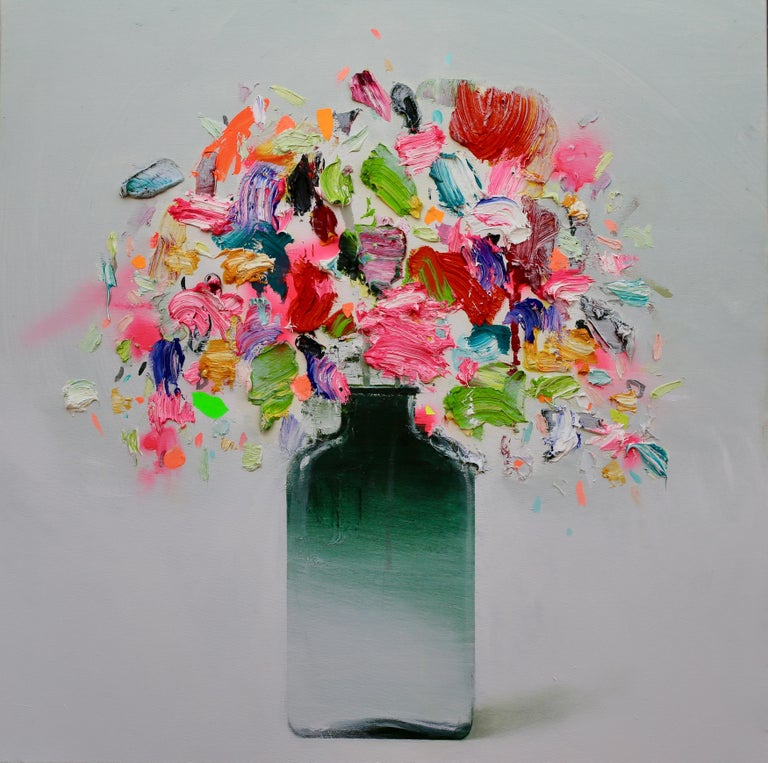 Fran Mora - Flowers in a Green Vase, Contemporary Oil on Canvas by ...