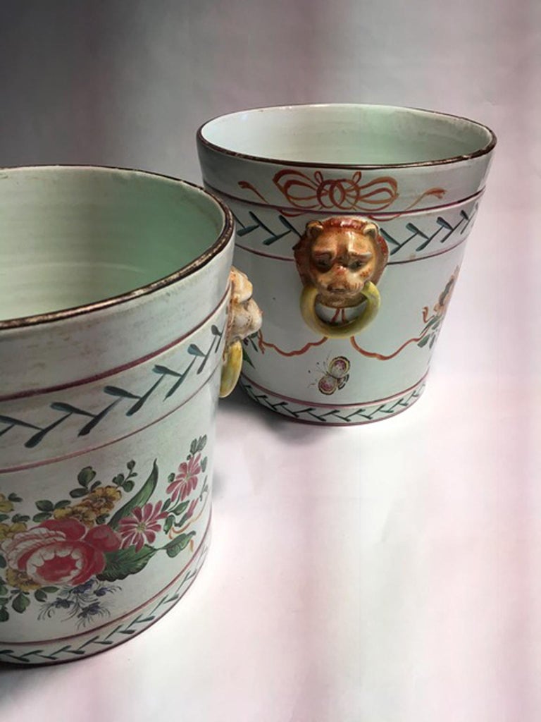 France Late 19th Century Pair of Pottery Cache Pots with Flowers and ...