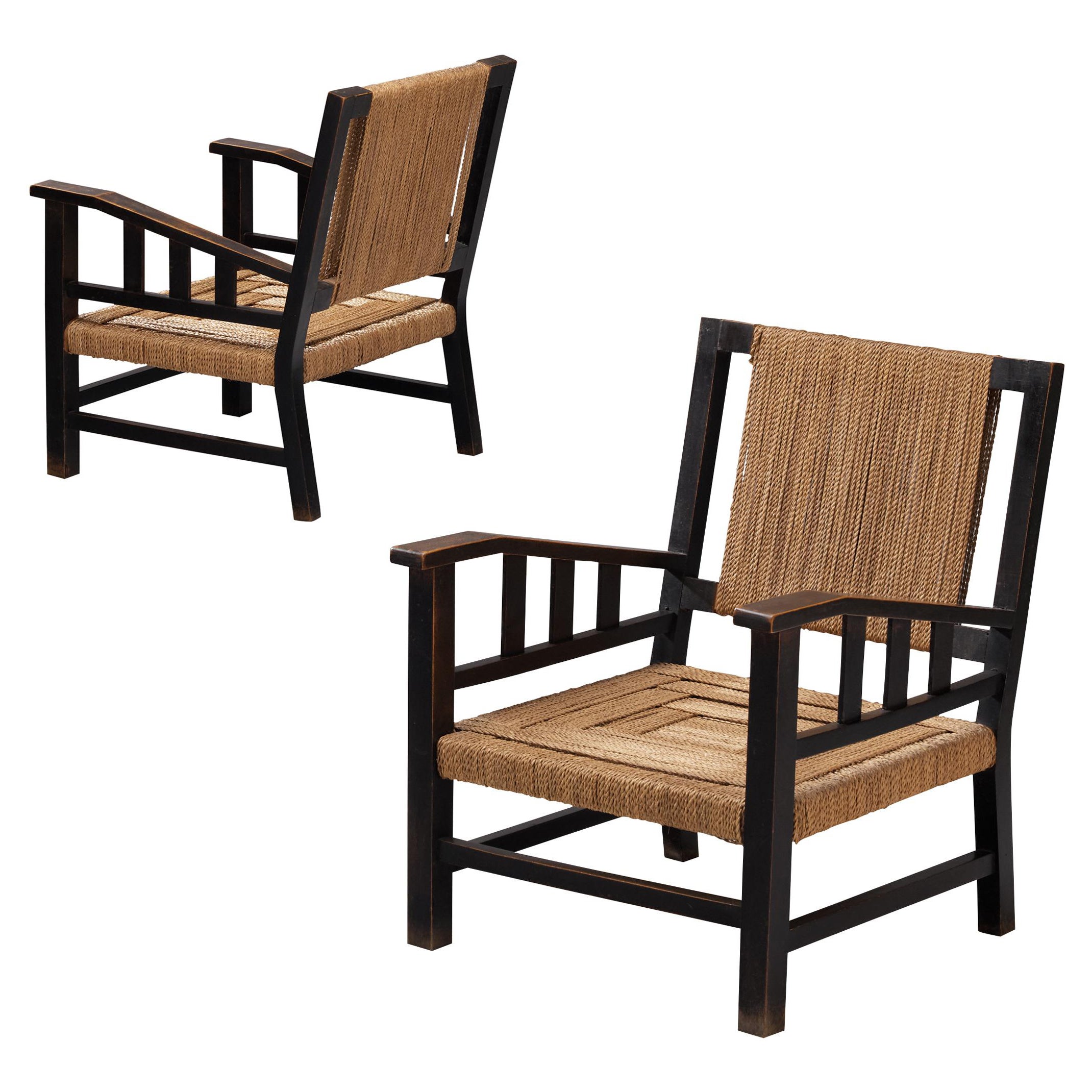 Francis Jourdain Lounge Chairs in Woven Straw and Wood For Sale at 1stDibs