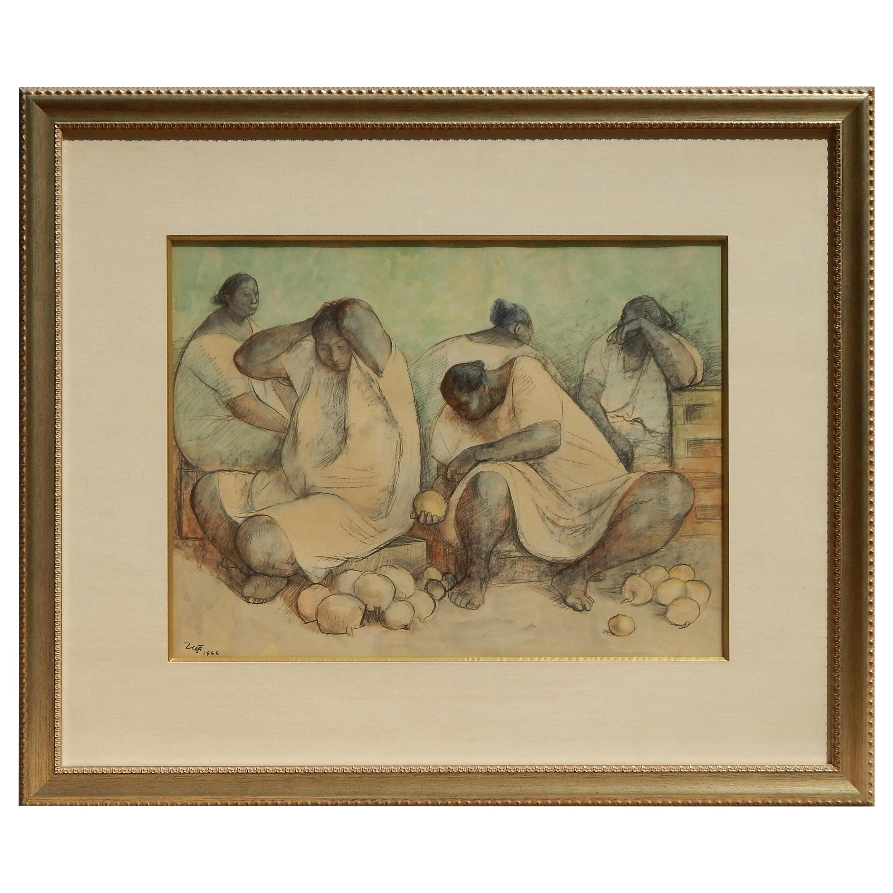 Francisco Zuniga Mexican Artist Watercolor, 1966, "The Fruit Vendors ...