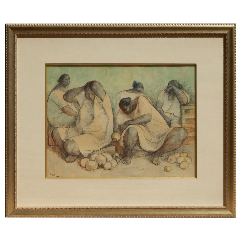 Francisco Zuniga Mexican Artist Watercolor, 1966, "The Fruit Vendors ...