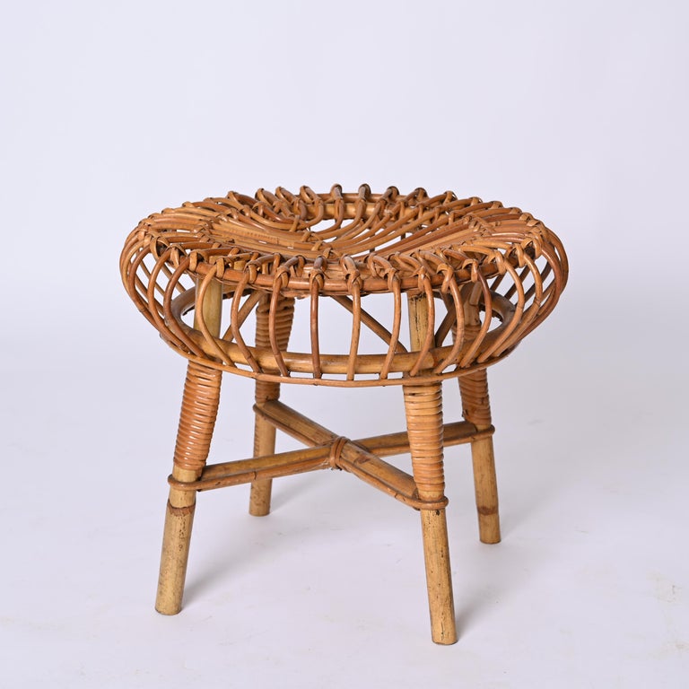 Franco Albini Midcentury Rattan and Bamboo Italian Round Ottoman Stool ...