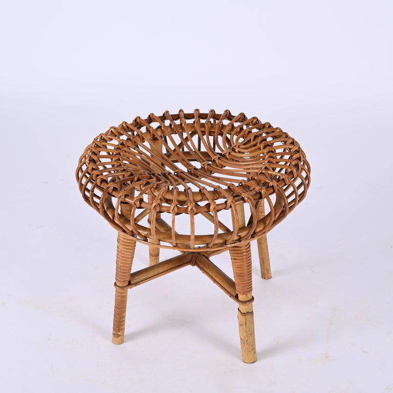 Franco Albini Midcentury Rattan and Bamboo Italian Round Ottoman Stool ...