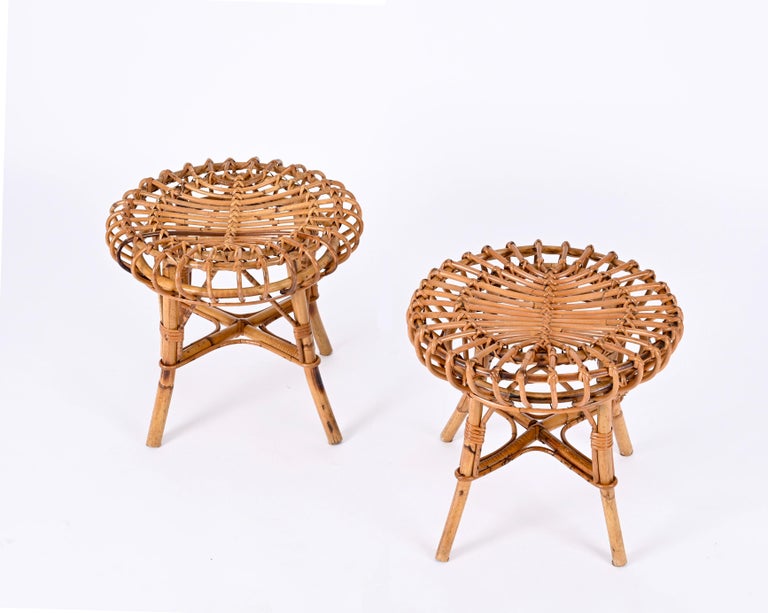 Franco Albini Pair of Rattan and Bamboo Round Ottoman Stool, Italy ...