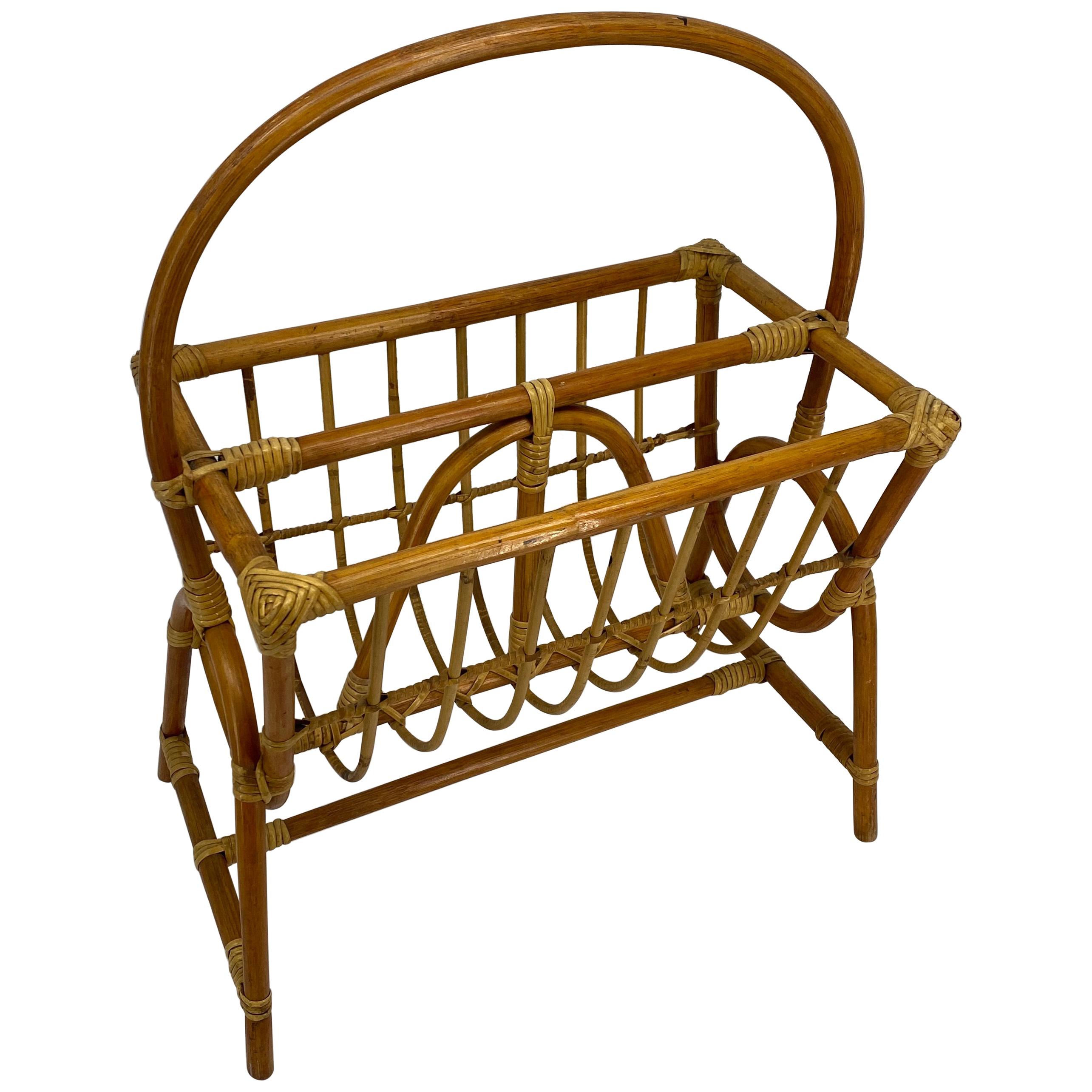 Franco Albini Style Bamboo and Rattan Magazine Rack Mid-Century Modern ...