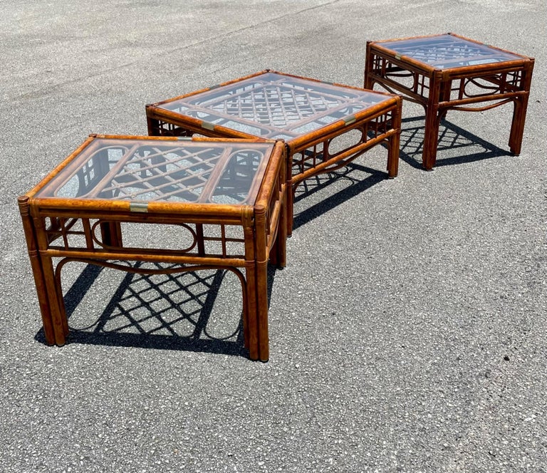 Franco Albini Style Bamboo Rattan Set of 3, Coffee and Side Tables For ...