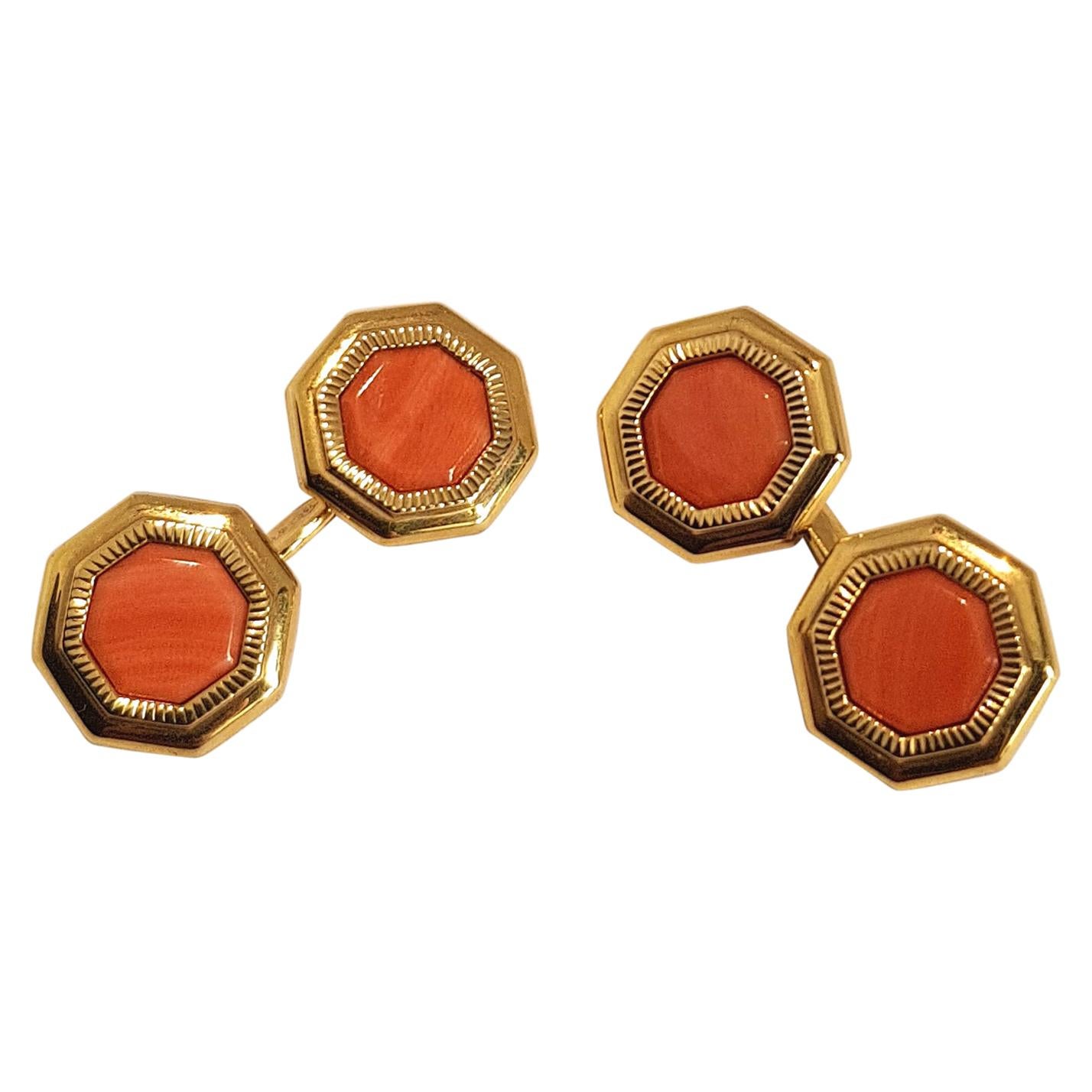 Italian red coral cufflinks 18 k brushed gold For Sale at 1stDibs