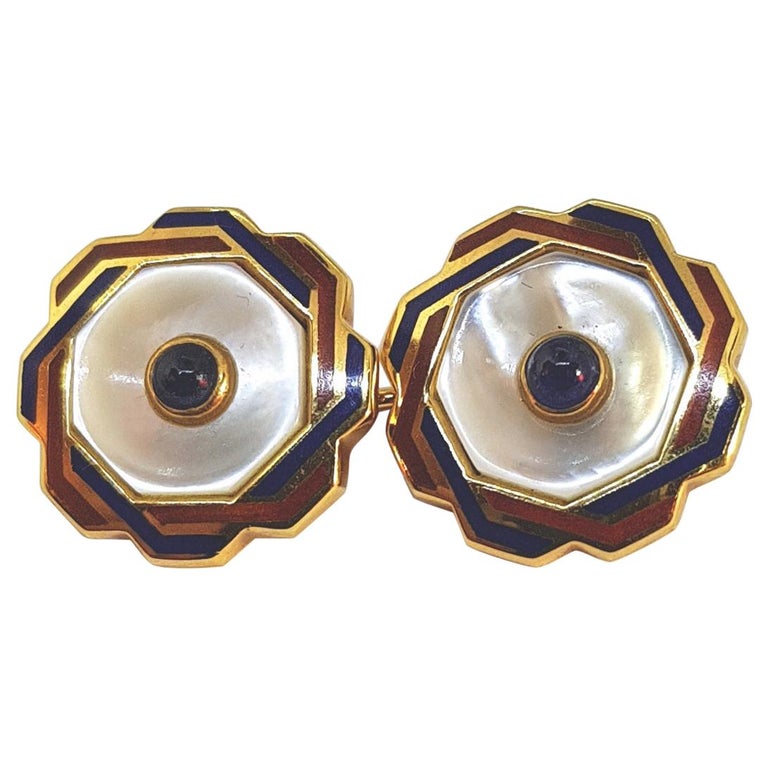 Franco Corti Italian Gold and Enamel and Sapphire Cufflinks at 1stDibs