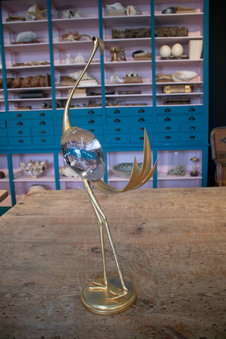 Franco Lagini 1970s Italian Pair of Gold Gilt Brass and Crystal Crane ...