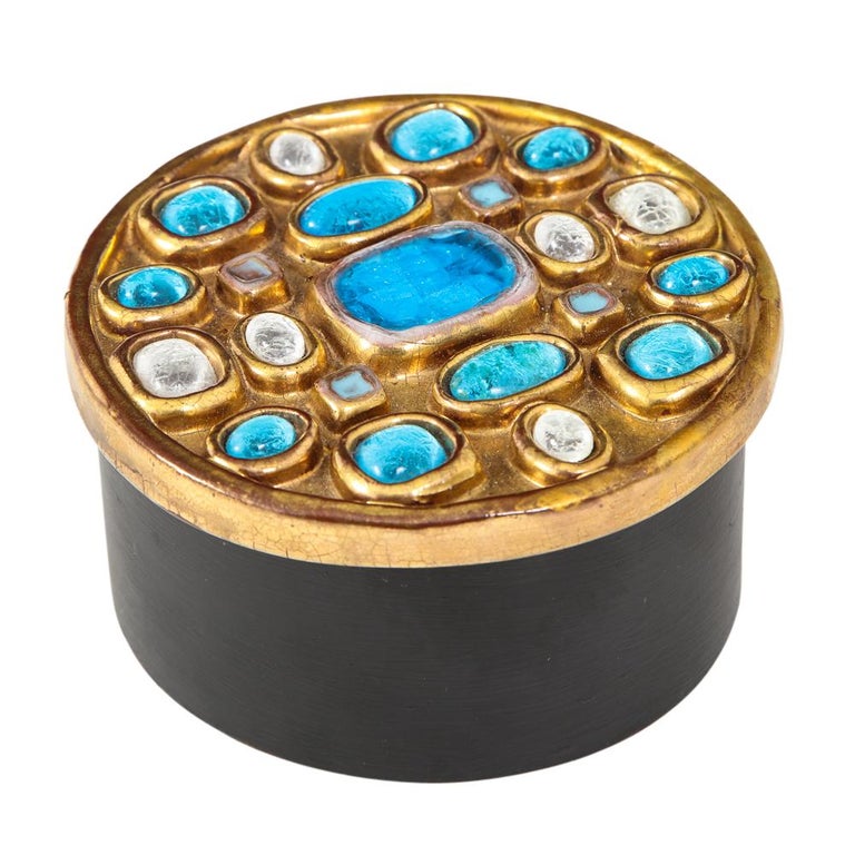 Mithé Espelt Box, Ceramic, Jeweled, Gold and Turquoise at 1stDibs