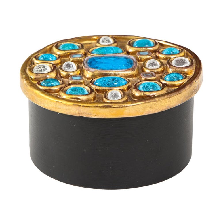 Mithé Espelt Box, Ceramic, Jeweled, Gold and Turquoise at 1stDibs