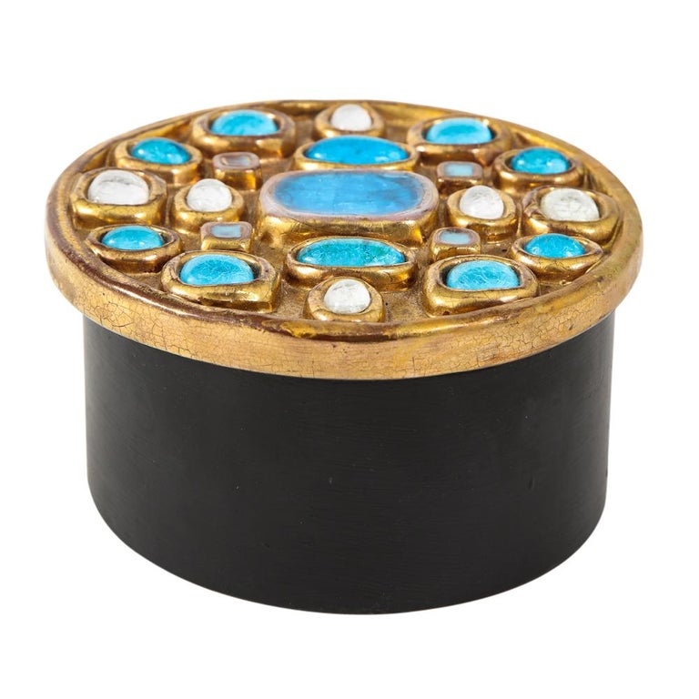 Mithé Espelt Box, Ceramic, Jeweled, Gold and Turquoise at 1stDibs