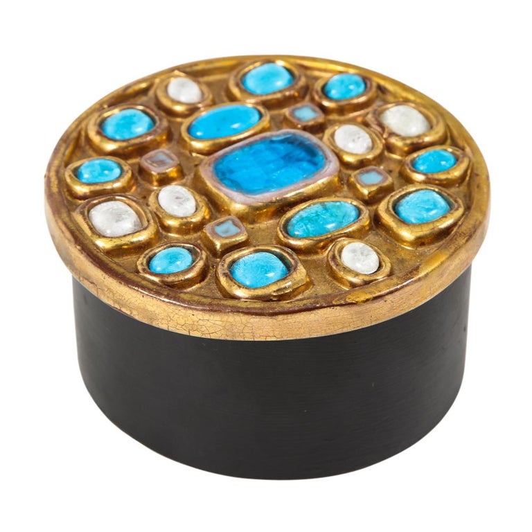 Mithé Espelt Box, Ceramic, Jeweled, Gold and Turquoise at 1stDibs