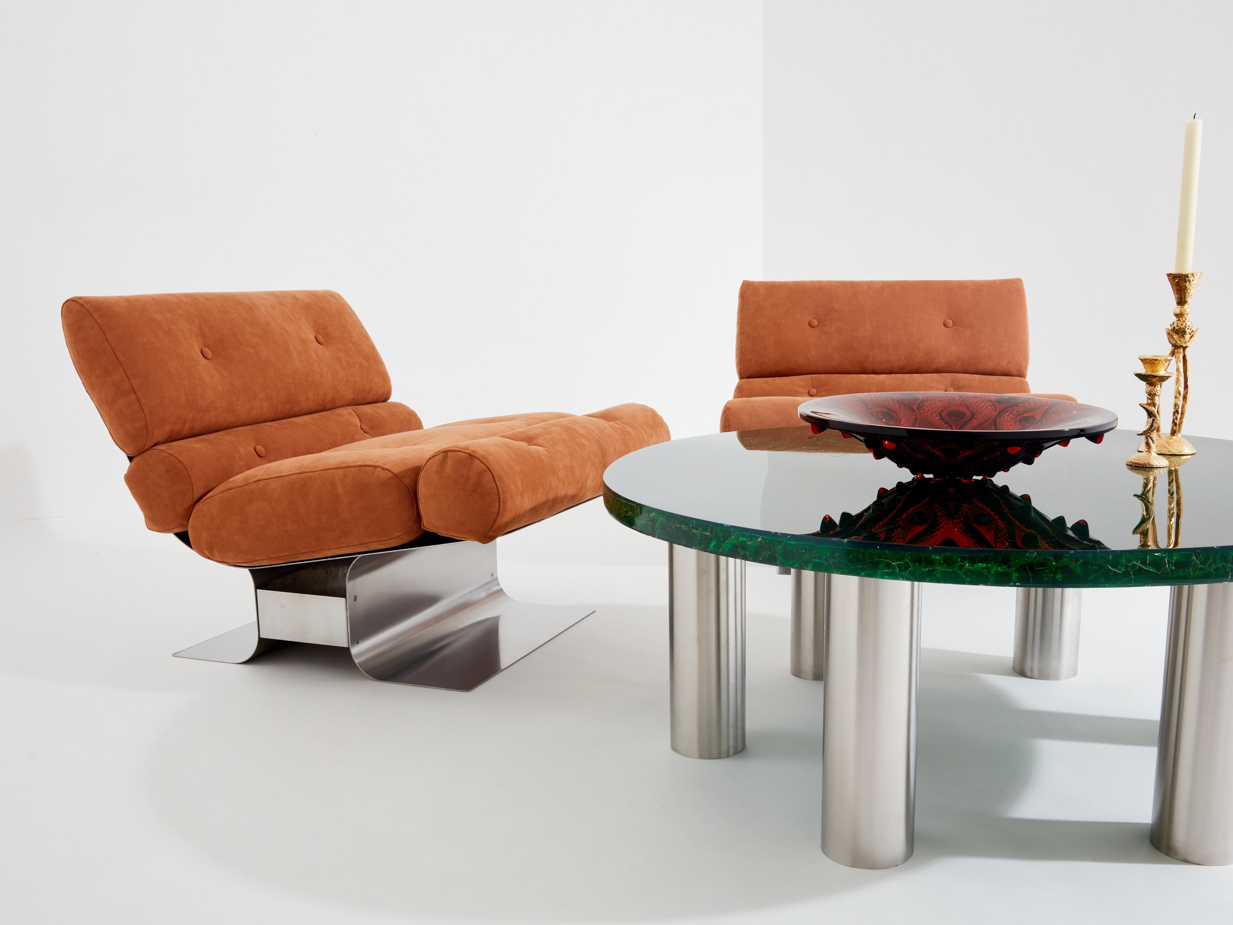 François Monnet for Kappa stainless steel suede armchairs 1970 For Sale ...